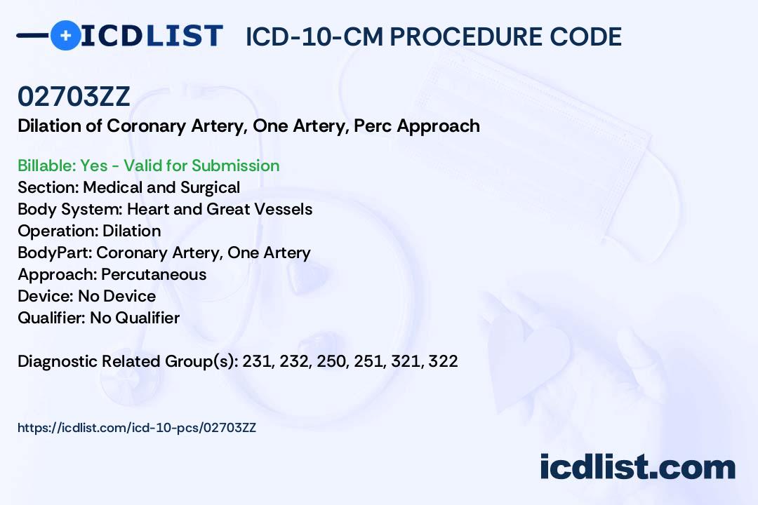 ICD-10-PCS Procedure Code 02703ZZ - Dilation of Coronary Artery, One ...