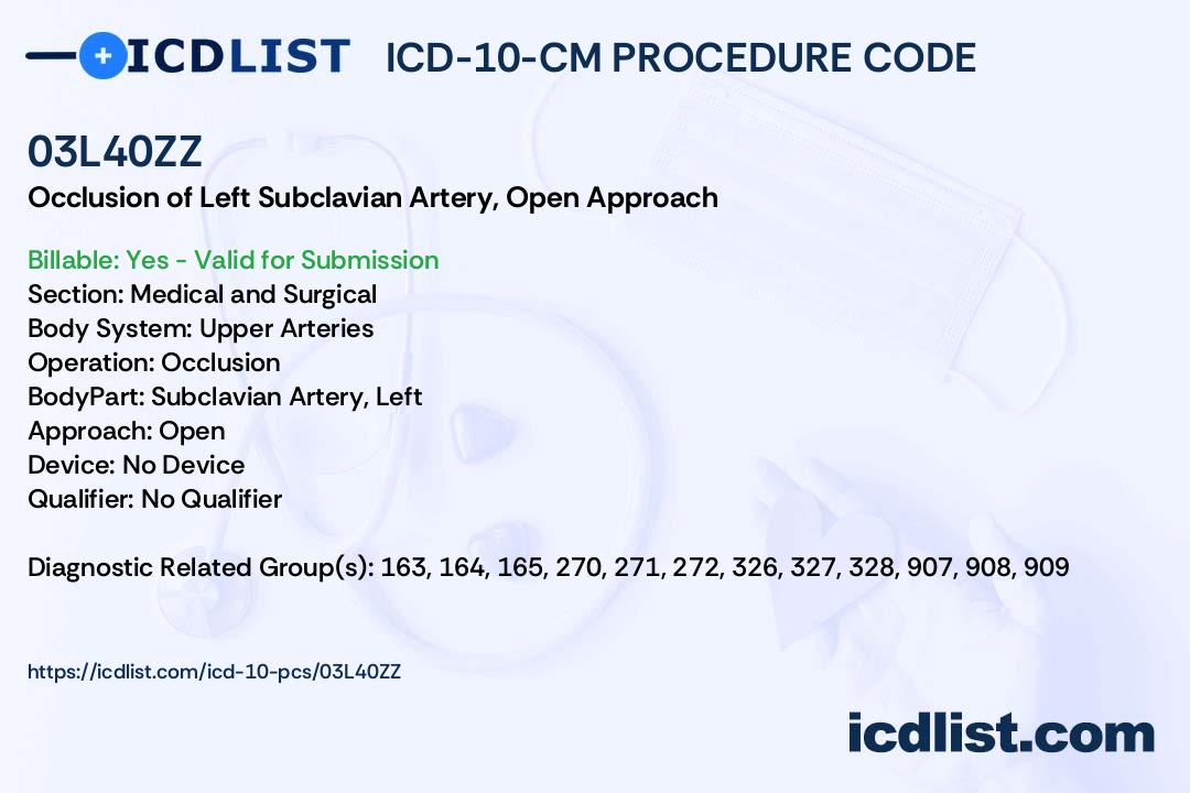 ICD-10-PCS Procedure Code 03L40ZZ - Occlusion of Left Subclavian Artery ...