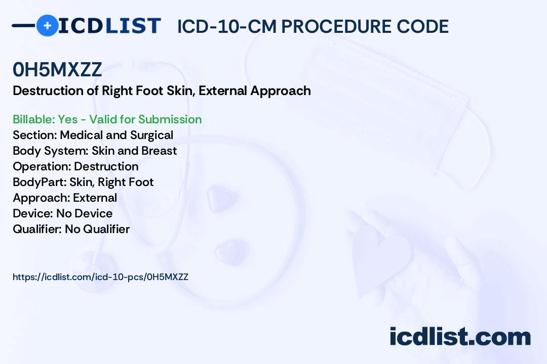 ICD-10-PCS Procedure Code 0H5MXZZ - Destruction of Right Foot Skin ...
