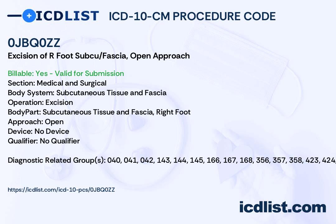 ICD-10-PCS Procedure Code 0JBQ0ZZ - Excision of Right Foot Subcutaneous ...