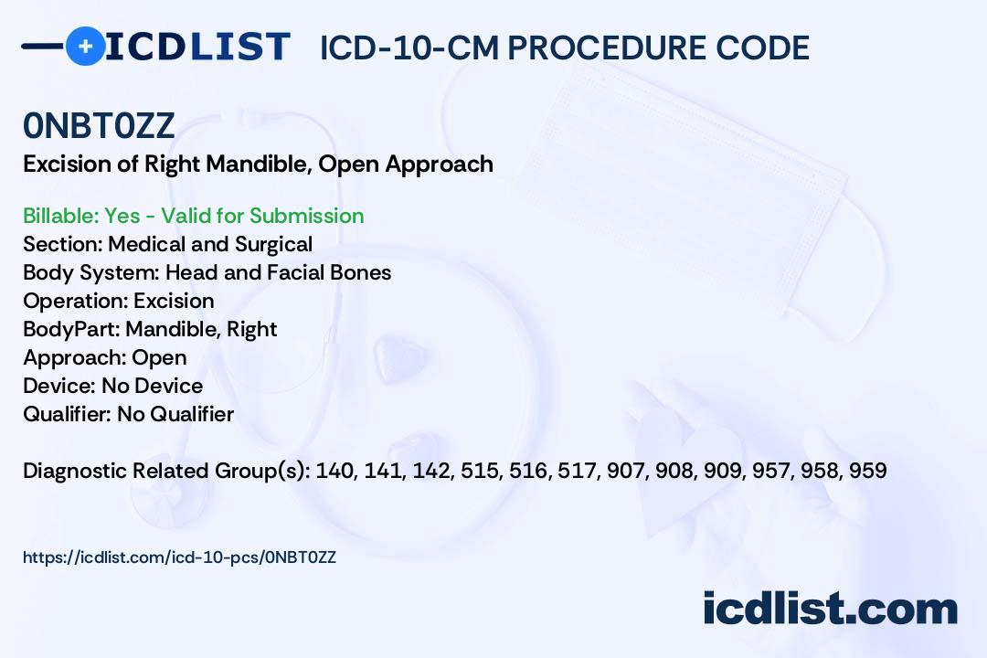 ICD 10 PCS Procedure Code 0NBT0ZZ Excision Of Right Mandible Open ICD 10 PCS Procedure Code 0NBT0ZZ Excision Of Right Mandible Open