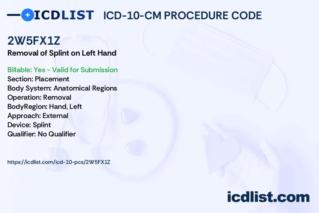 ICD-10-PCS Procedure Code 2W5FX1Z - Removal of Splint on Left Hand
