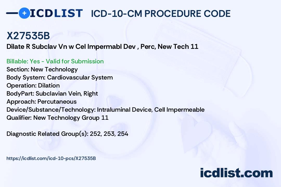 ICD-10-PCS Procedure Code X27535B - Dilation of Right Subclavian Vein ...