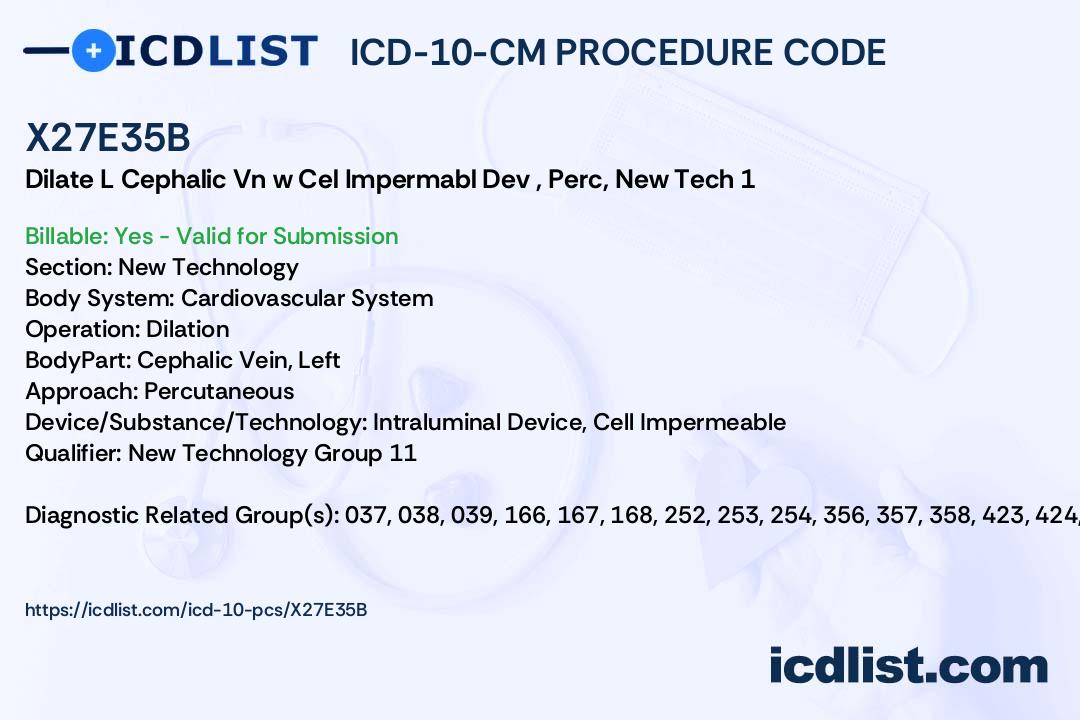 ICD-10-PCS Procedure Code X27E35B - Dilation of Left Cephalic Vein with ...