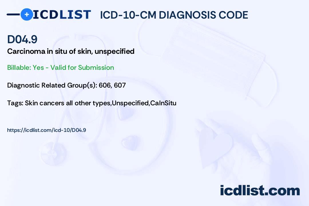 ICD-10-CM Diagnosis Code D04.9 - Carcinoma in situ of skin, unspecified