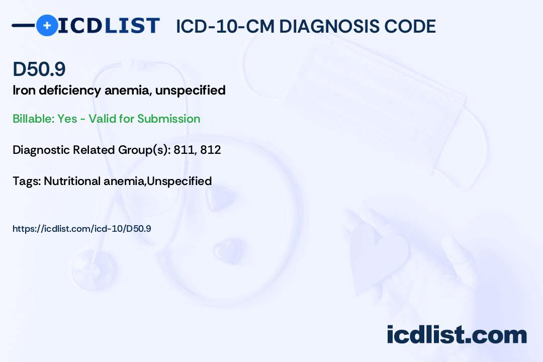 ICD 10 CM Diagnosis Code D50 9 Iron Deficiency Anemia Unspecified ICD 10 CM Diagnosis Code D50 9 Iron Deficiency Anemia Unspecified