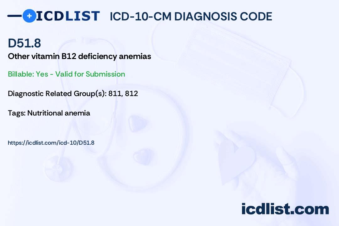 ICD 10 CM Diagnosis Code D51 8 Other Vitamin B12 Deficiency Anemias ICD 10 CM Diagnosis Code D51 8 Other Vitamin B12 Deficiency Anemias