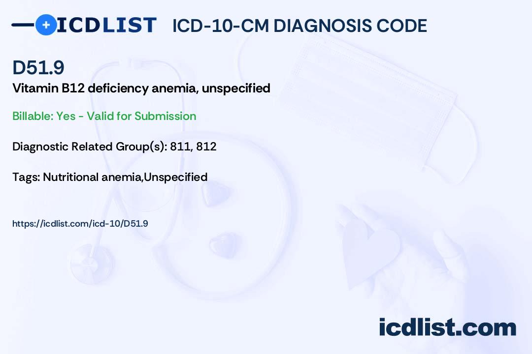 ICD 10 CM Diagnosis Code D51 9 Vitamin B12 Deficiency Anemia Unspecified ICD 10 CM Diagnosis Code D51 9 Vitamin B12 Deficiency Anemia Unspecified