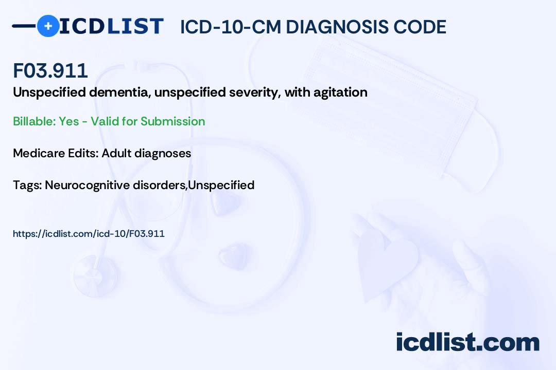ICD-10-CM Diagnosis Code F03.911 - Unspecified dementia, unspecified severity, with agitation