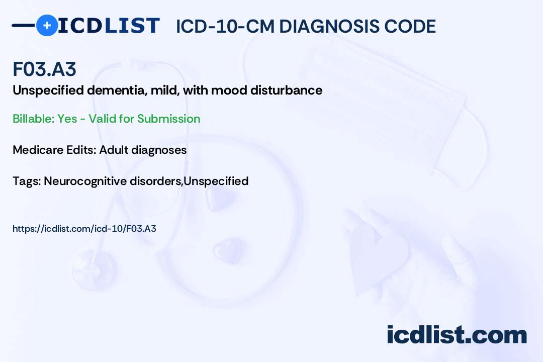 ICD-10-CM Diagnosis Code F03.A3 - Unspecified dementia, mild, with mood disturbance