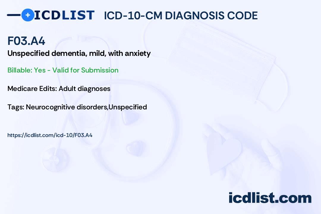 ICD-10-CM Diagnosis Code F03.A4 - Unspecified dementia, mild, with anxiety