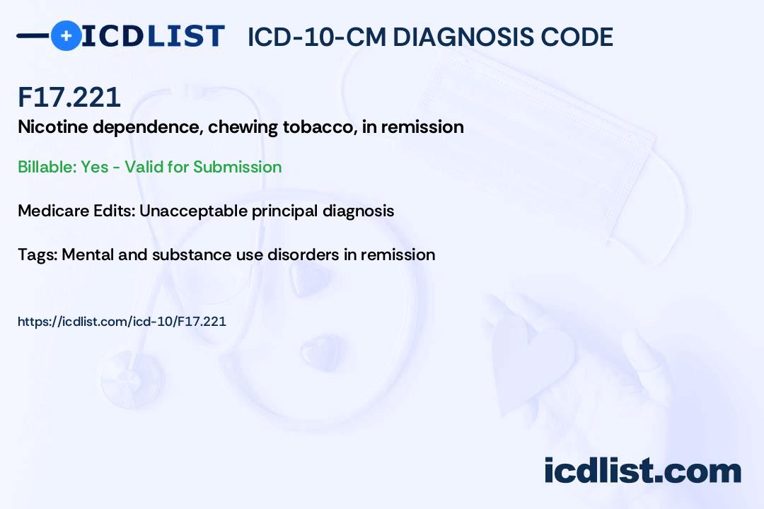ICD-10-CM Diagnosis Code F17.221 - Nicotine dependence, chewing tobacco ...