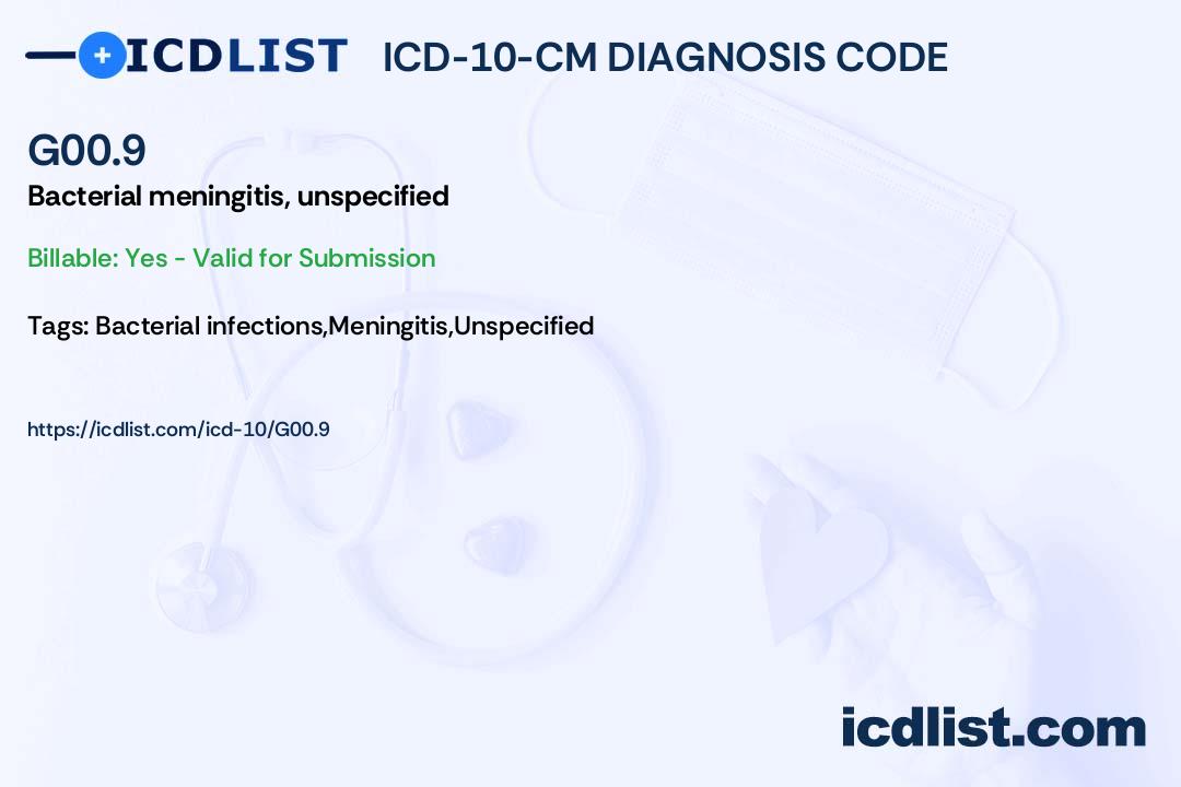 ICD-10-CM Diagnosis Code G00.9 - Bacterial meningitis, unspecified