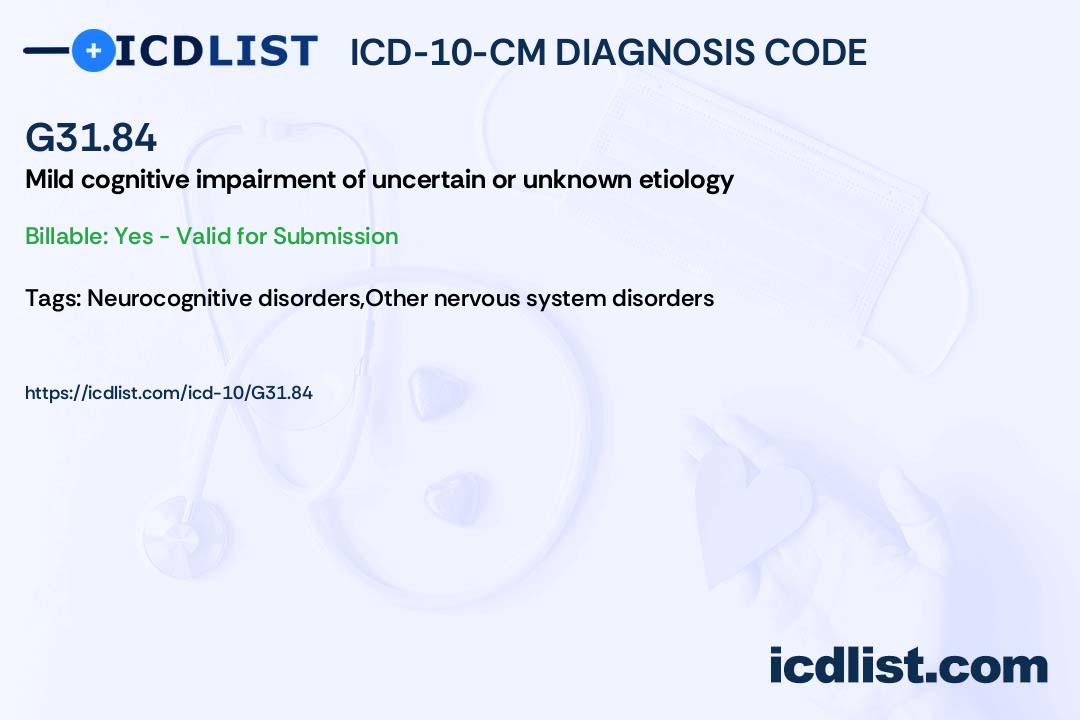 ICD 10 CM Diagnosis Code G31 84 Mild Cognitive Impairment Of