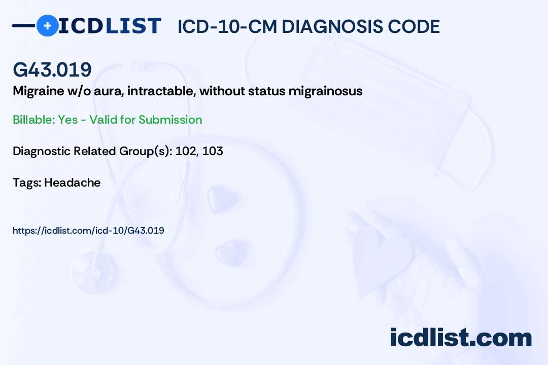 ICD-10-CM Diagnosis Code G43.019 - Migraine without aura, intractable ...
