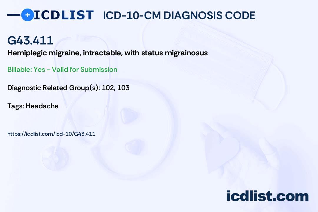 ICD-10-CM Diagnosis Code G43.411 - Hemiplegic migraine, intractable ...