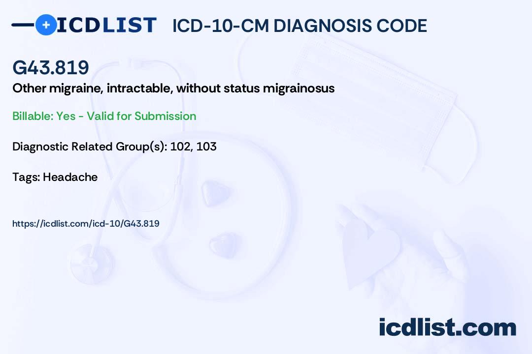 ICD-10-CM Diagnosis Code G43.819 - Other migraine, intractable, without status migrainosus