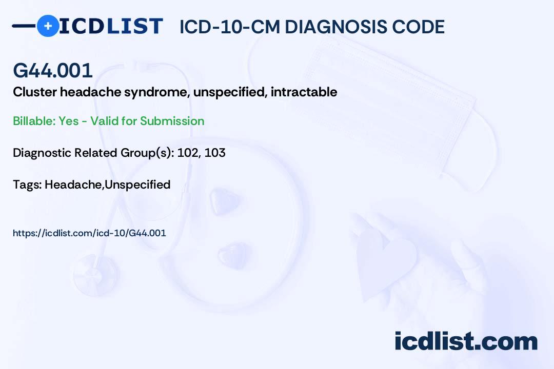 ICD-10-CM Diagnosis Code G44.001 - Cluster headache syndrome ...
