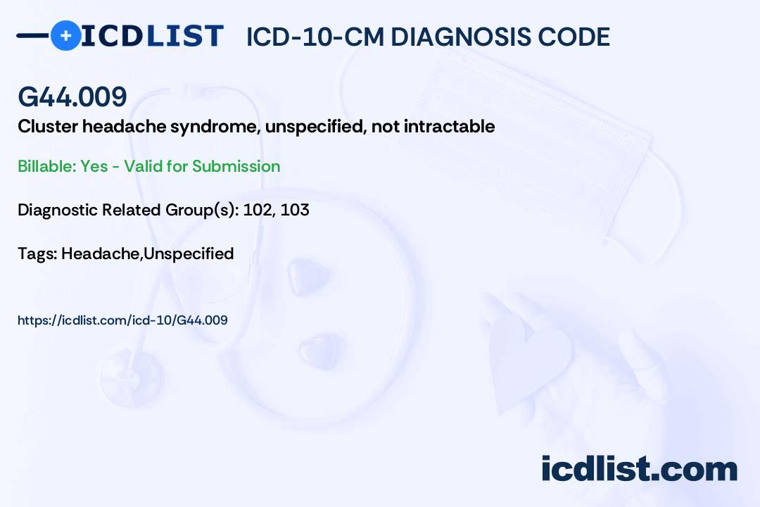 ICD-10-CM Diagnosis Code G44.009 - Cluster headache syndrome ...