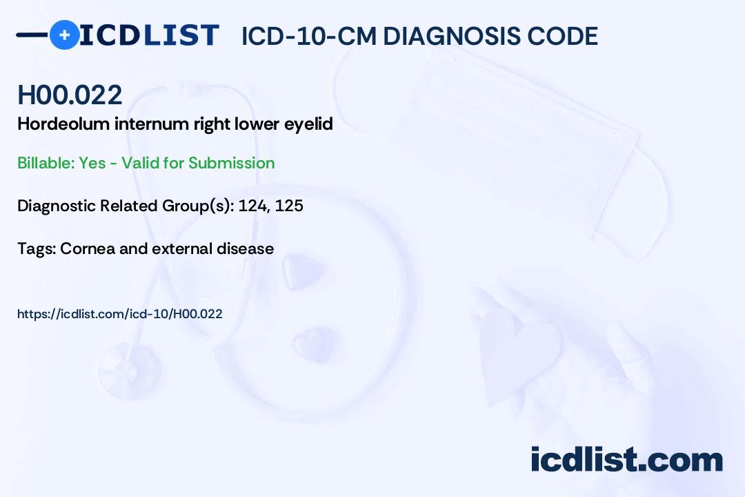 ICD-10-CM Diagnosis Code H00.022 - Hordeolum internum right lower eyelid