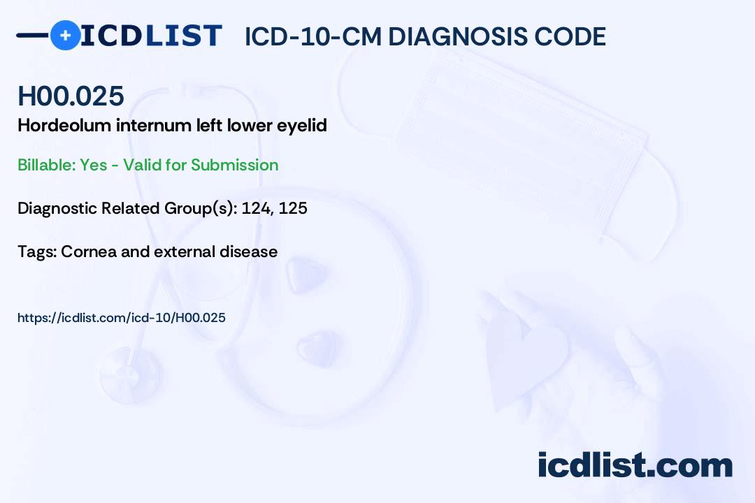 ICD-10-CM Diagnosis Code H00.025 - Hordeolum internum left lower eyelid