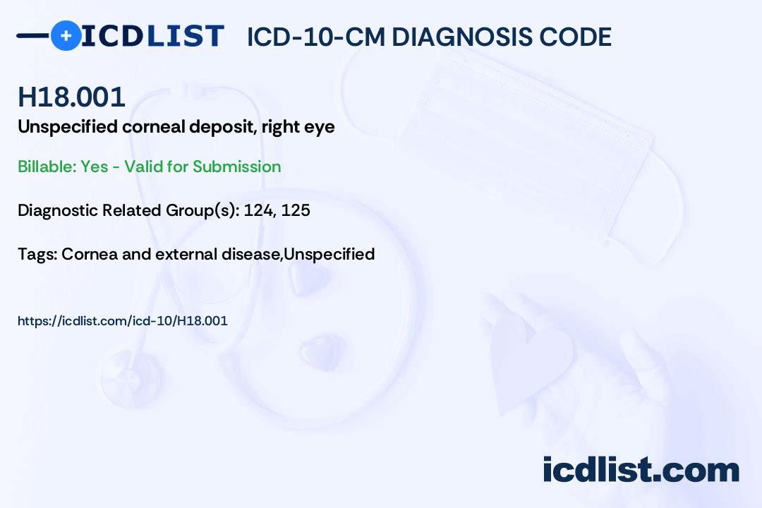ICD-10-CM Diagnosis Code H18.001 - Unspecified corneal deposit, right eye