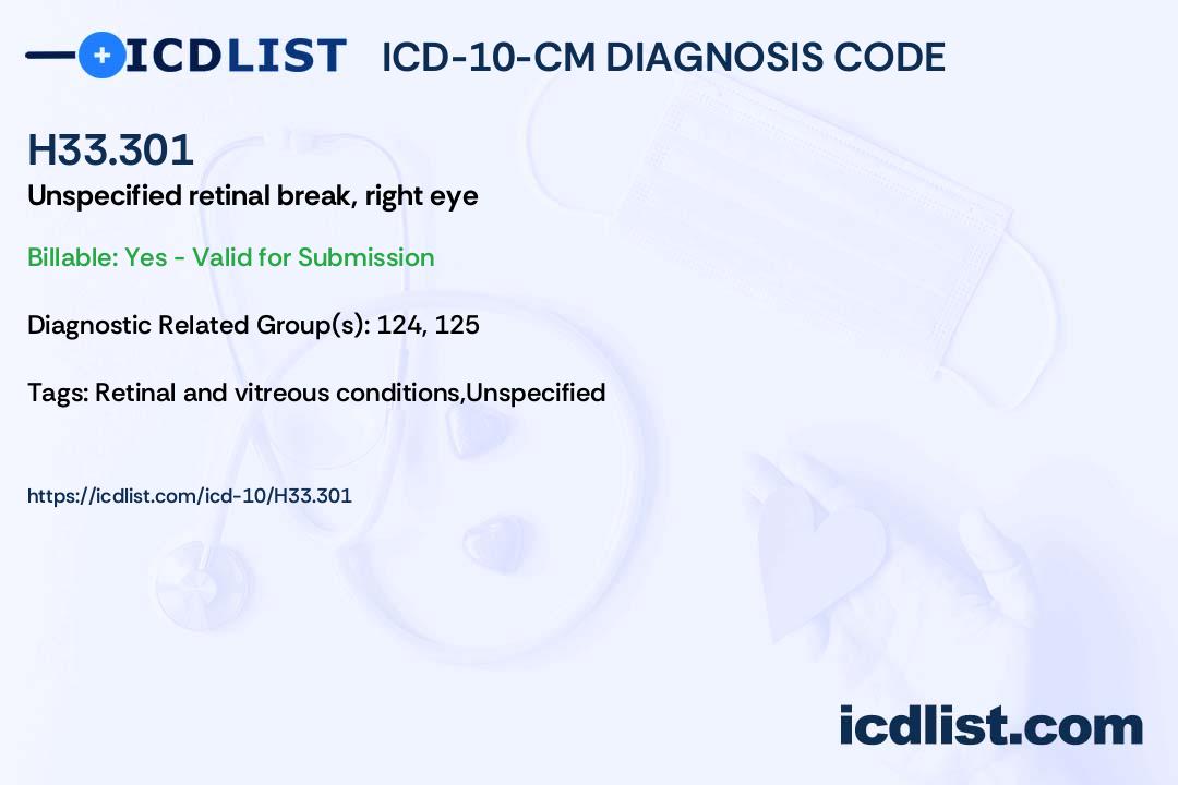 ICD-10-CM Diagnosis Code H33.301 - Unspecified retinal break, right eye