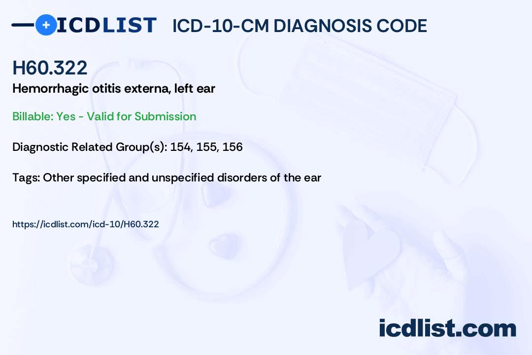 ICD-10-CM Diagnosis Code H60.322 - Hemorrhagic otitis externa, left ear