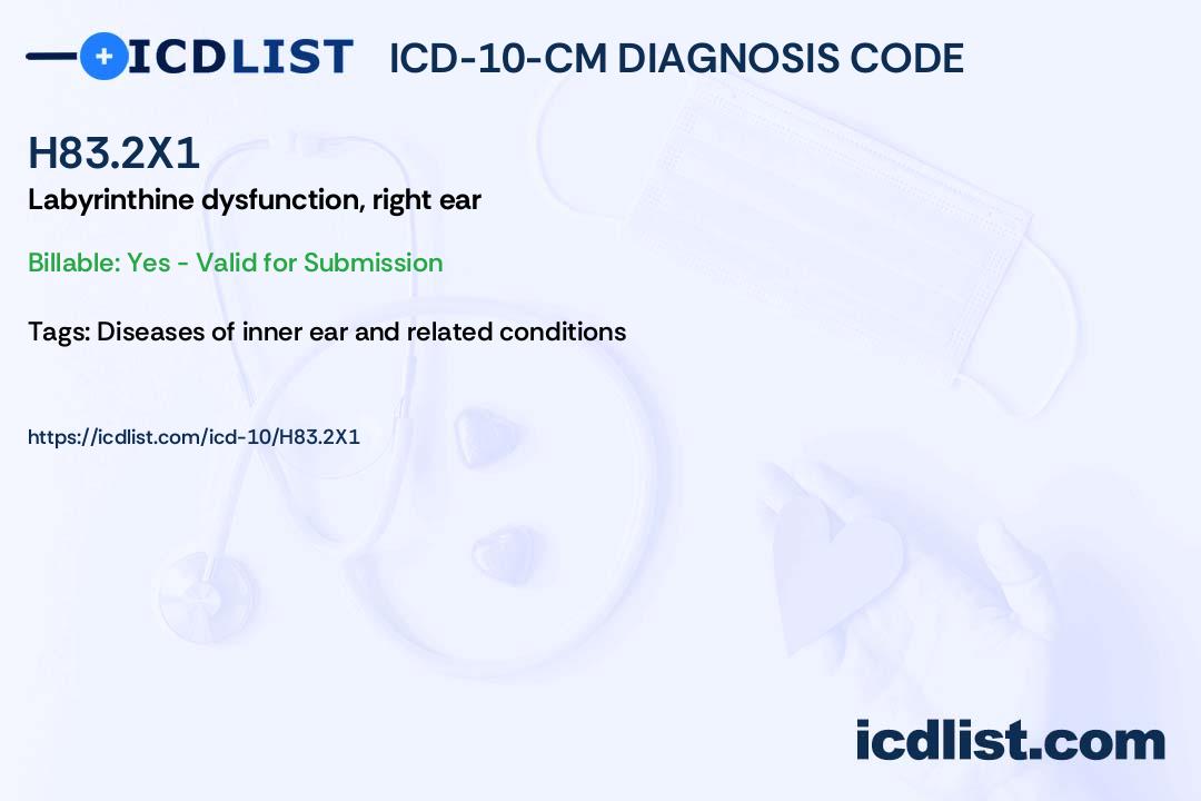 ICD-10-CM Diagnosis Code H83.2X1 - Labyrinthine dysfunction, right ear