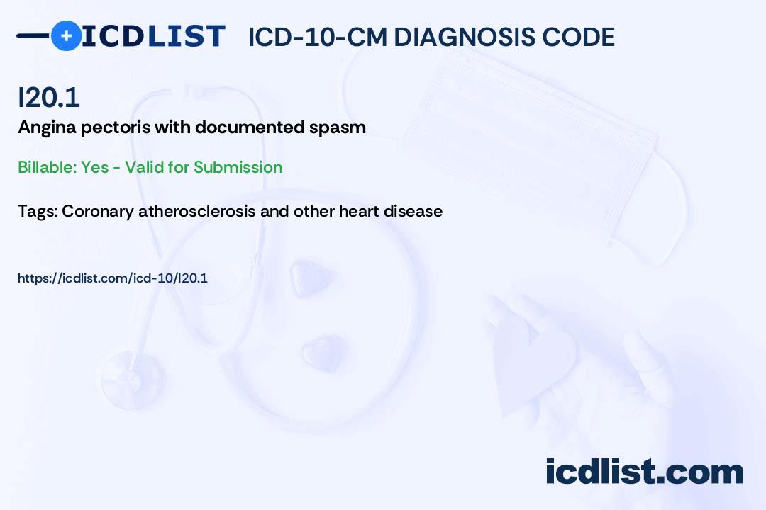 ICD-10-CM Diagnosis Code I20.1 - Angina pectoris with documented spasm