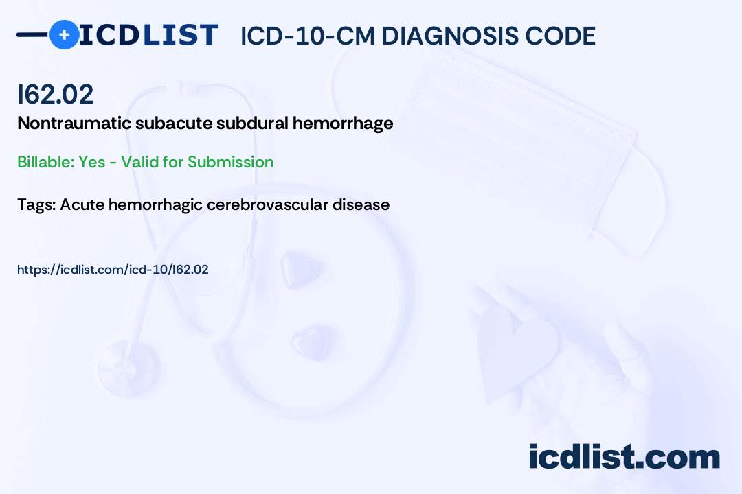 ICD 10 CM Diagnosis Code I62 02 Nontraumatic Subacute Subdural Hemorrhage ICD 10 CM Diagnosis Code I62 02 Nontraumatic Subacute Subdural Hemorrhage