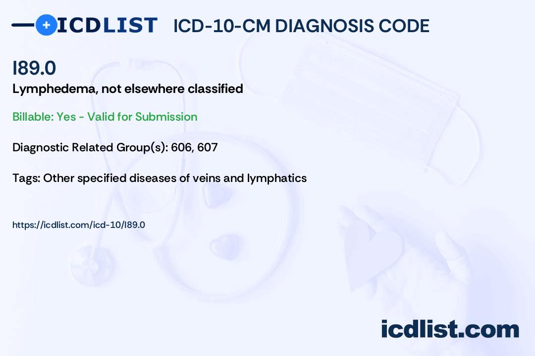 ICD 10 CM Diagnosis Code I89 0 Lymphedema Not Elsewhere Classified ICD 10 CM Diagnosis Code I89 0 Lymphedema Not Elsewhere Classified