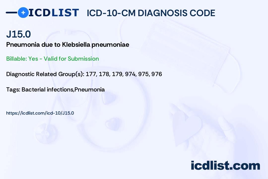 ICD-10-CM Diagnosis Code J15.0 - Pneumonia due to Klebsiella pneumoniae