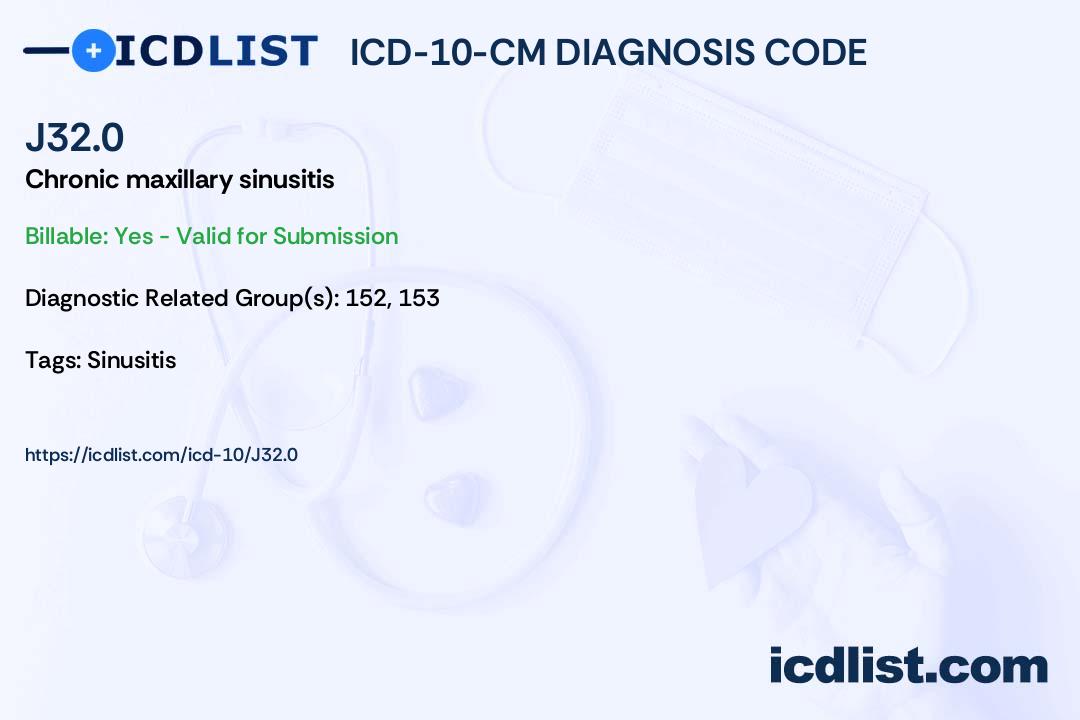 ICD 10 CM Diagnosis Code J32 0 Chronic Maxillary Sinusitis ICD 10 CM Diagnosis Code J32 0 Chronic Maxillary Sinusitis