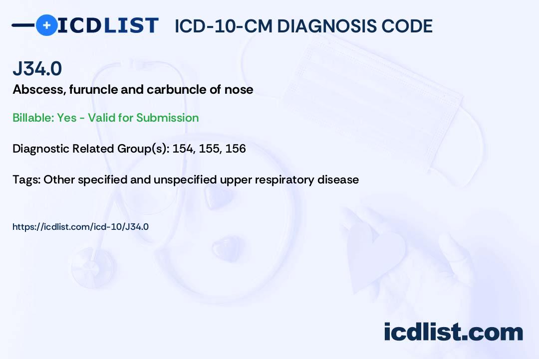 ICD-10-CM Diagnosis Code J34.0 - Abscess, furuncle and carbuncle of nose