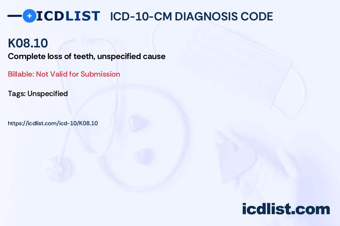 ICD-10-CM Diagnosis Code K08.10 - Complete loss of teeth, unspecified cause
