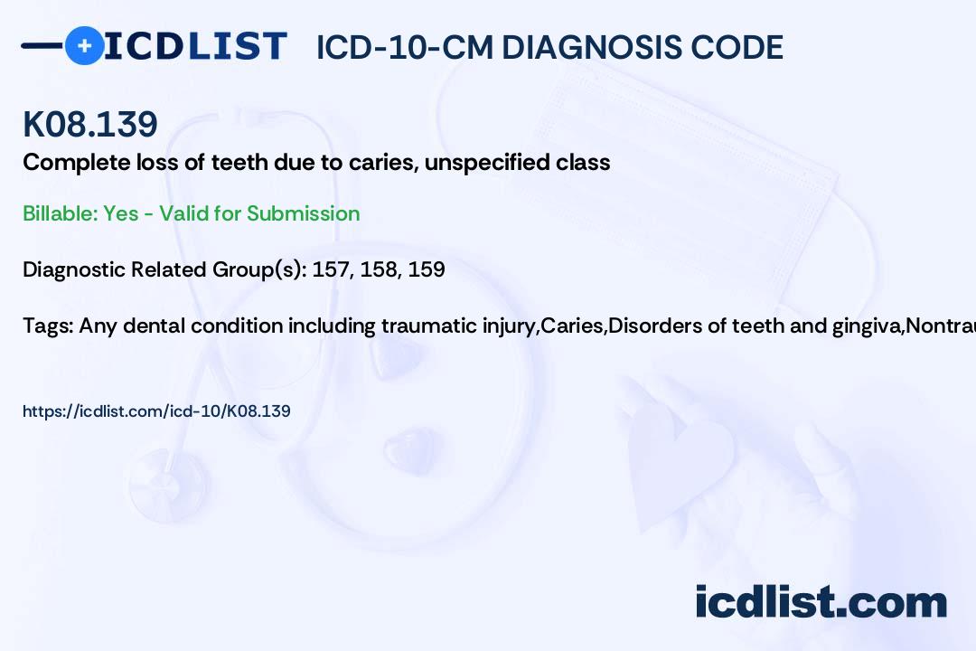 ICD-10-CM Diagnosis Code K08.139 - Complete loss of teeth due to caries ...
