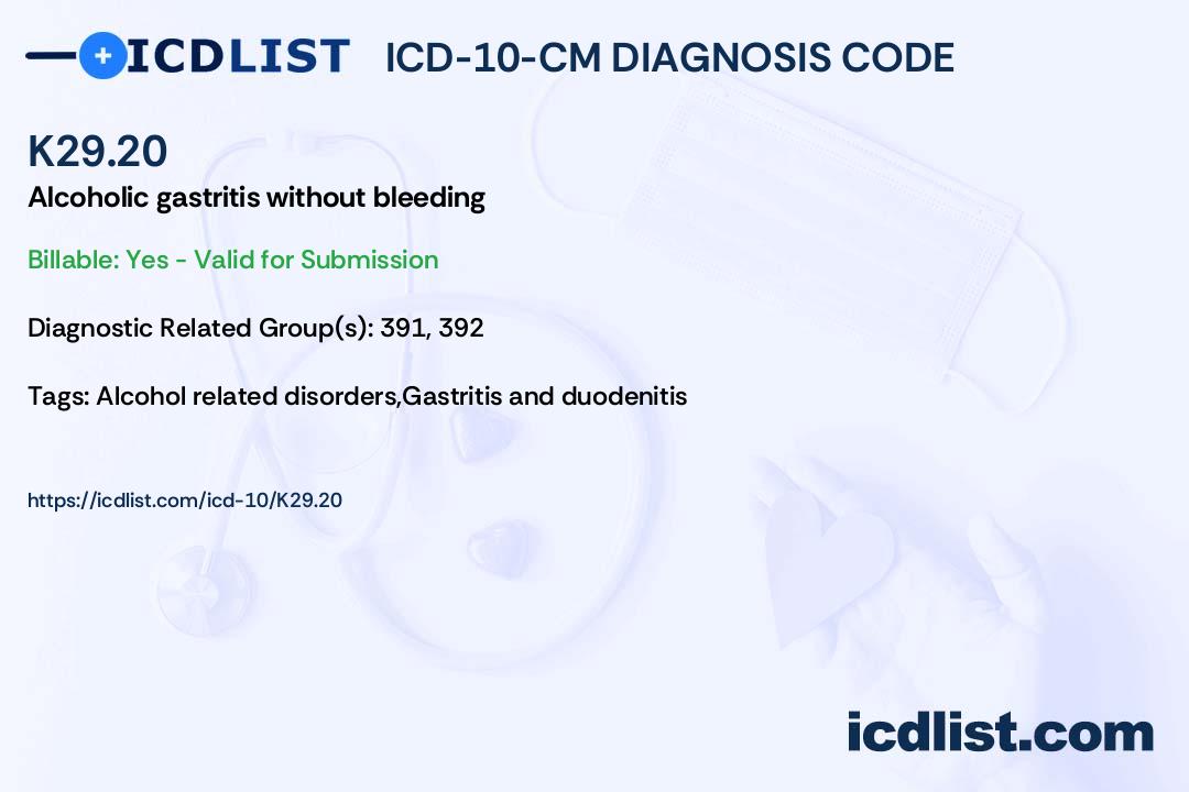 ICD-10-CM Diagnosis Code K29.20 - Alcoholic gastritis without bleeding