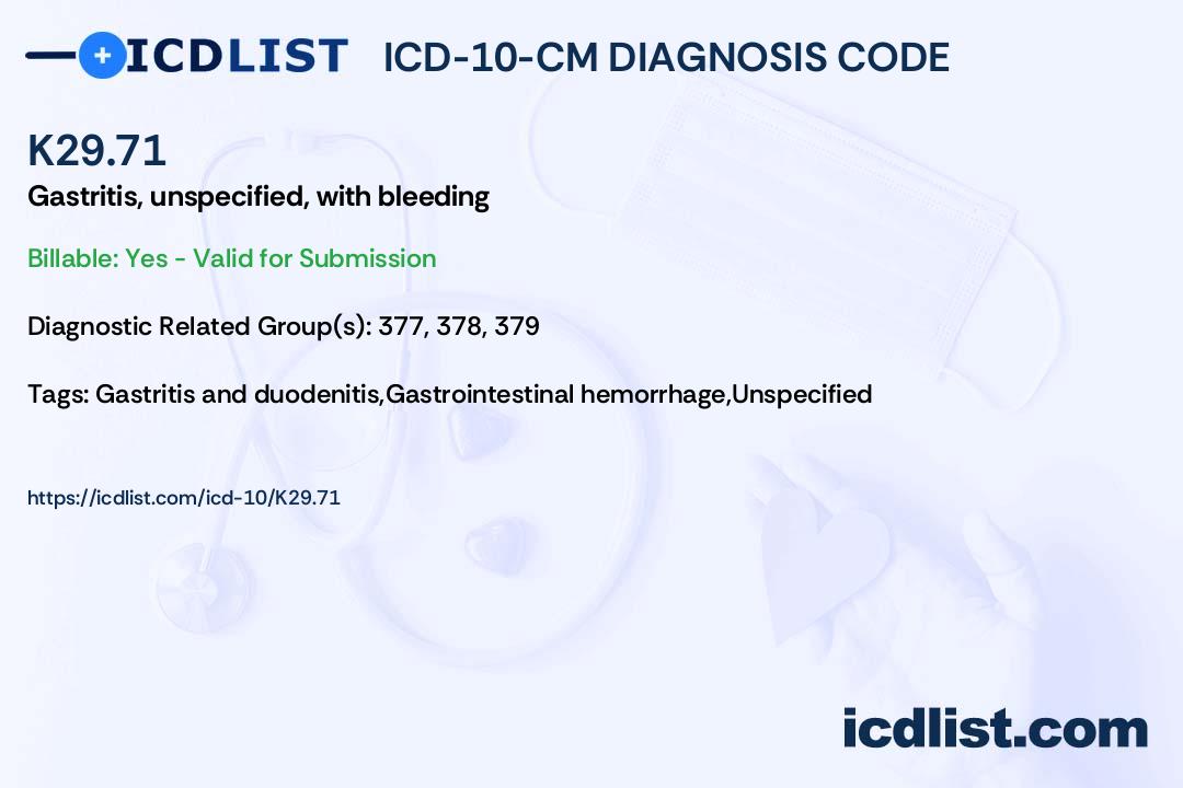 ICD-10-CM Diagnosis Code K29.71 - Gastritis, unspecified, with bleeding