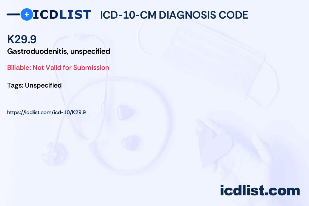 ICD-10-CM Diagnosis Code K29.9 - Gastroduodenitis, unspecified