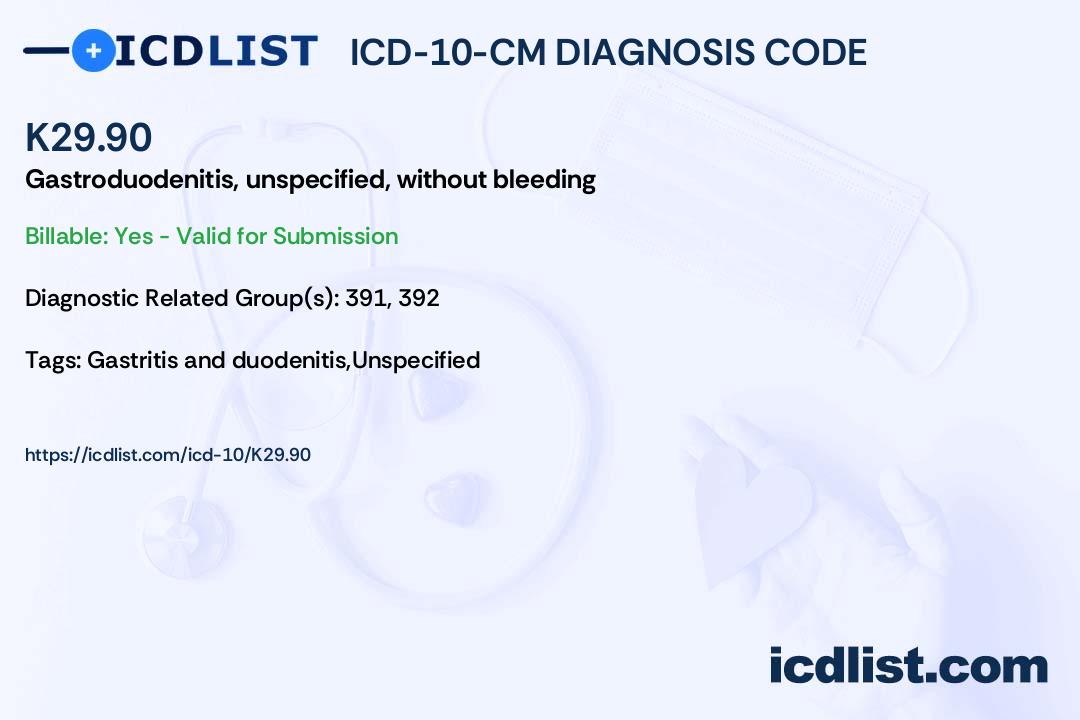 ICD-10-CM Diagnosis Code K29.90 - Gastroduodenitis, unspecified ...