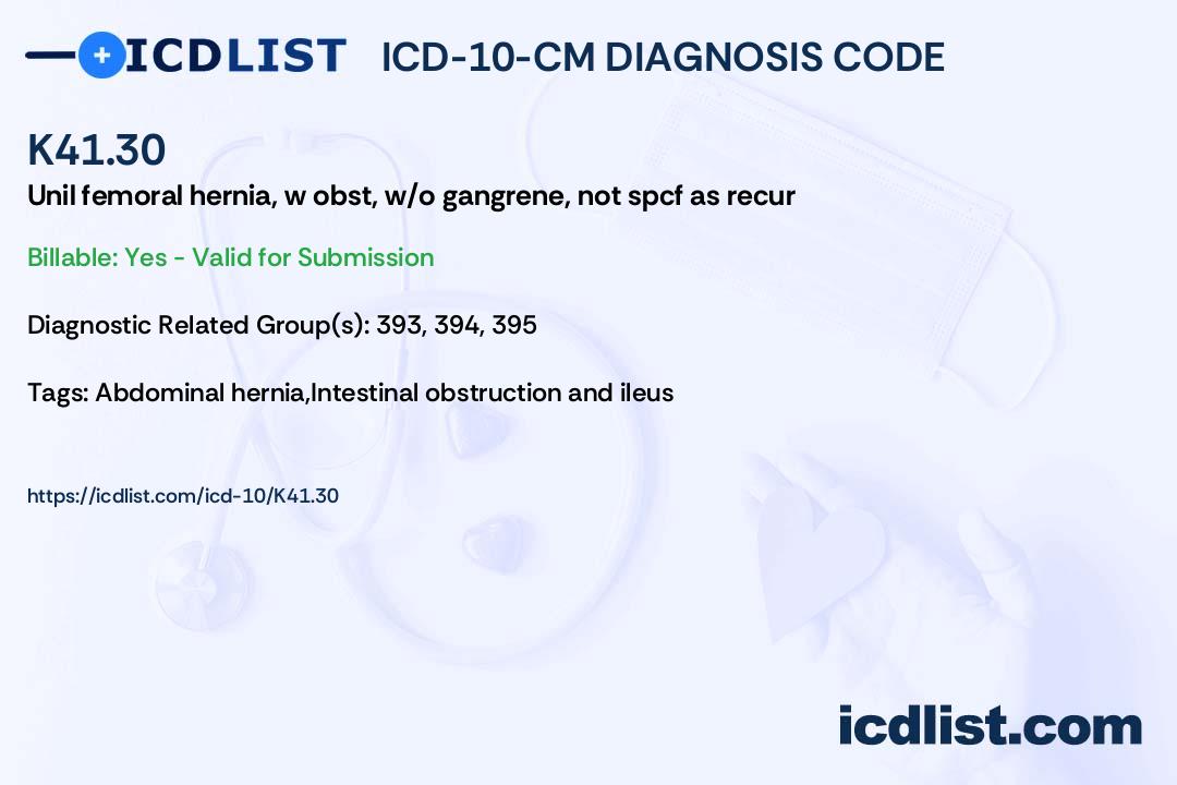 ICD-10-CM Diagnosis Code K41.30 - Unilateral femoral hernia, with ...