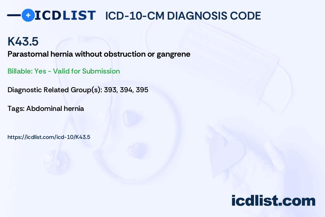 ICD-10-CM Diagnosis Code K43.5 - Parastomal hernia without obstruction ...