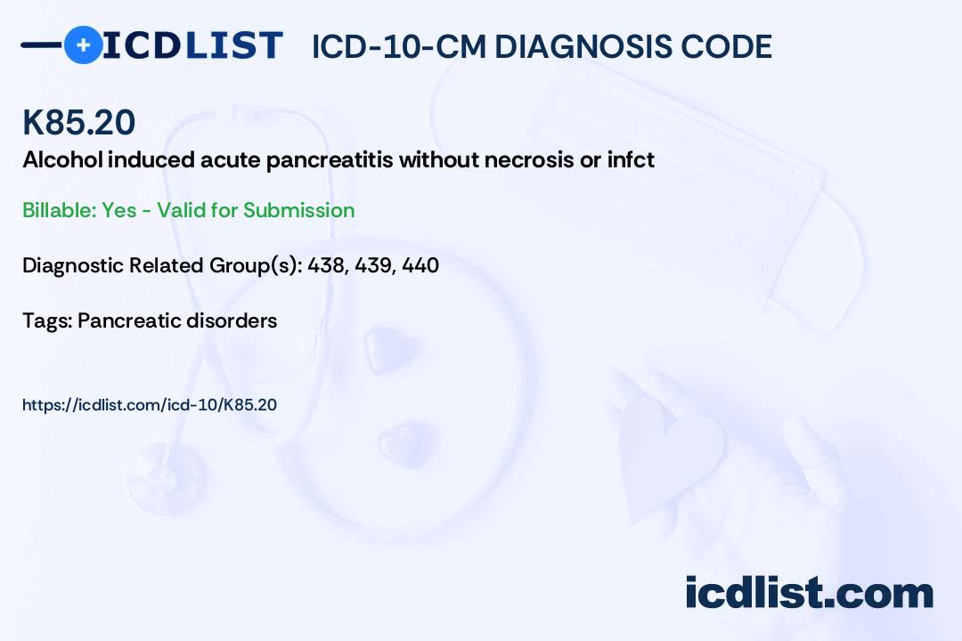 ICD-10-CM Diagnosis Code K85.20 - Alcohol induced acute pancreatitis ...