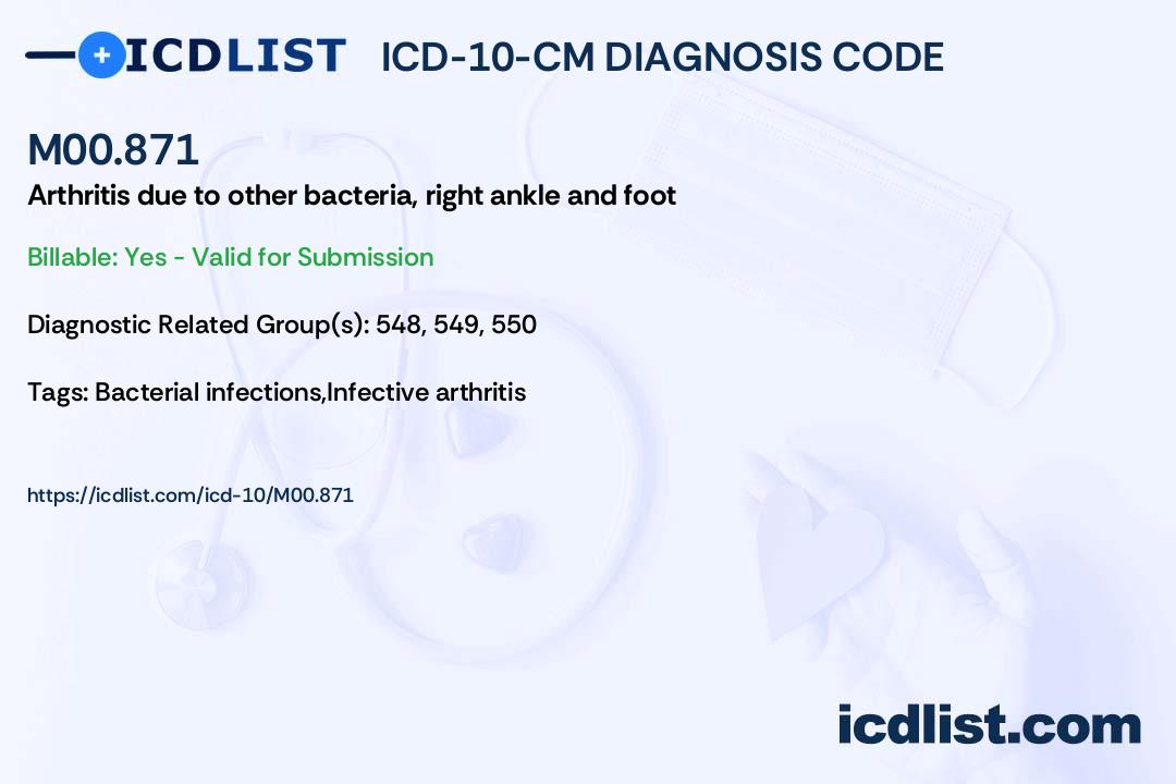 ICD-10-CM Diagnosis Code M00.871 - Arthritis due to other bacteria ...