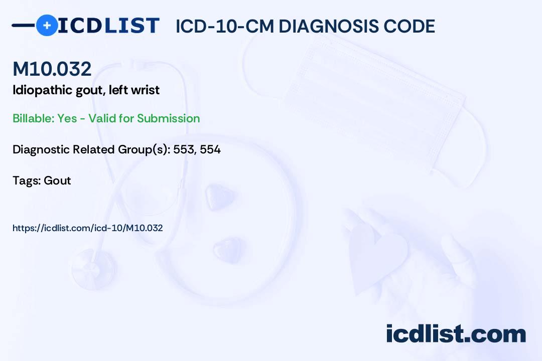 ICD-10-CM Diagnosis Code M10.032 - Idiopathic gout, left wrist
