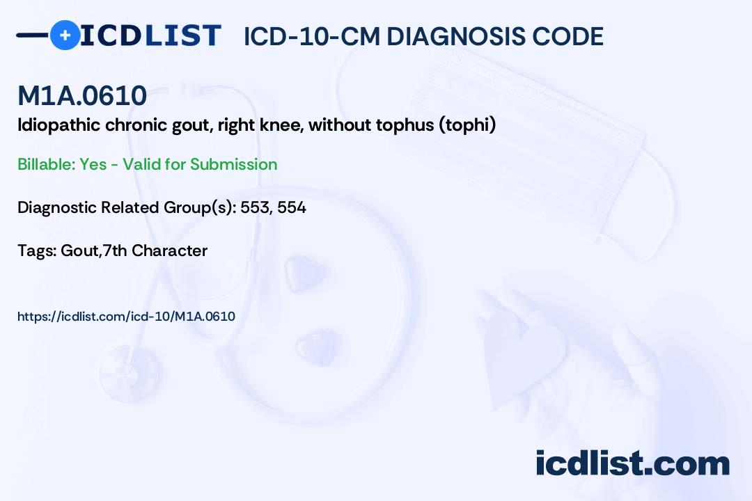 ICD-10-CM Diagnosis Code M1A.0610 - Idiopathic chronic gout, right knee ...