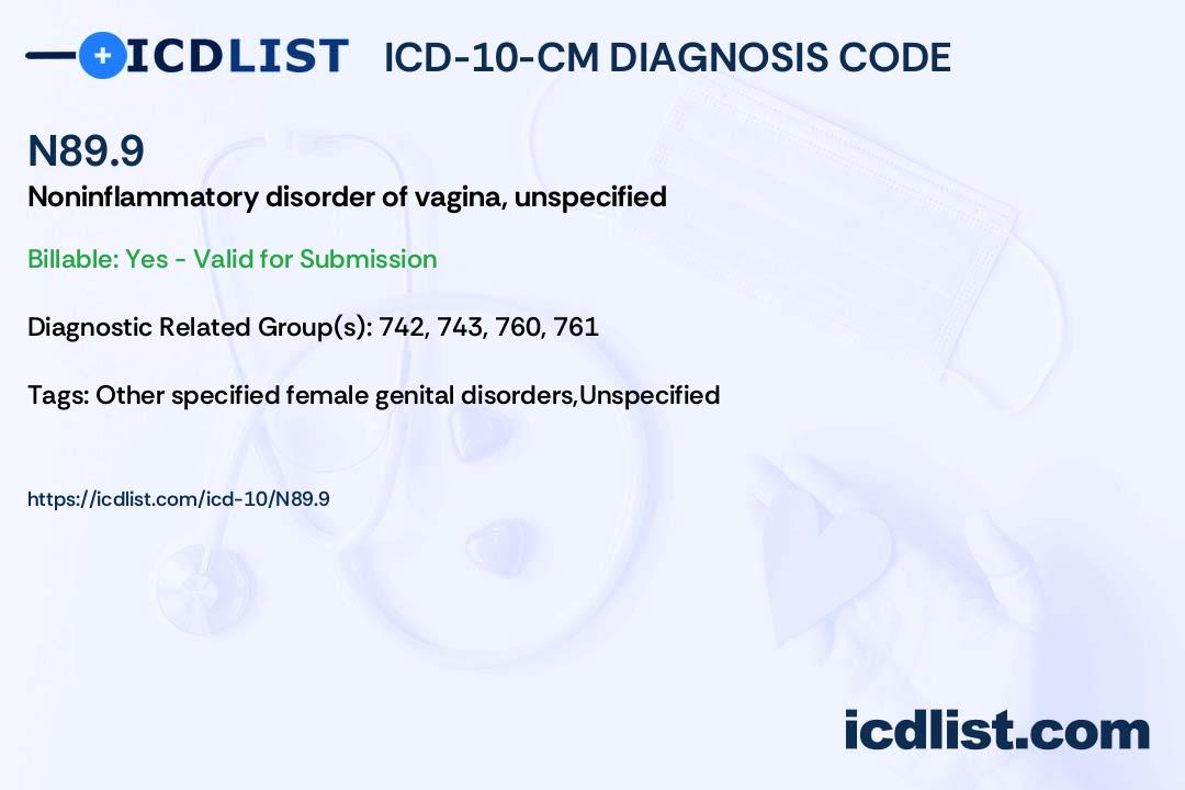 ICD-10-CM Diagnosis Code N89.9 - Noninflammatory disorder of vagina ...
