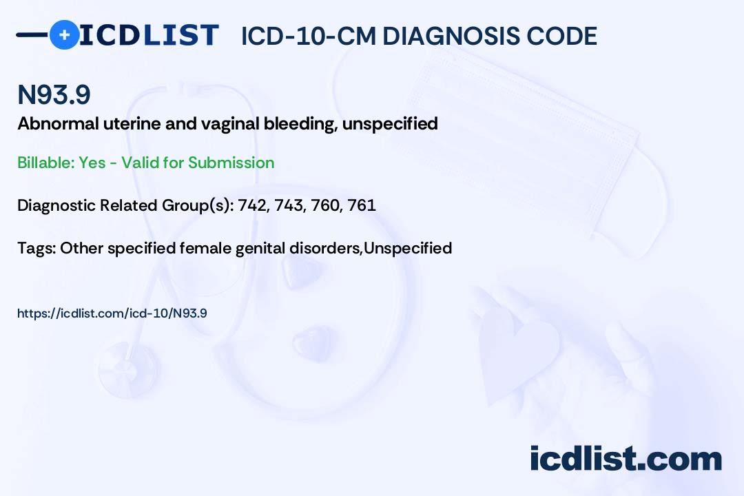 ICD 10 CM Diagnosis Code N93 9 Abnormal Uterine And Vaginal Bleeding ICD 10 CM Diagnosis Code N93 9 Abnormal Uterine And Vaginal Bleeding