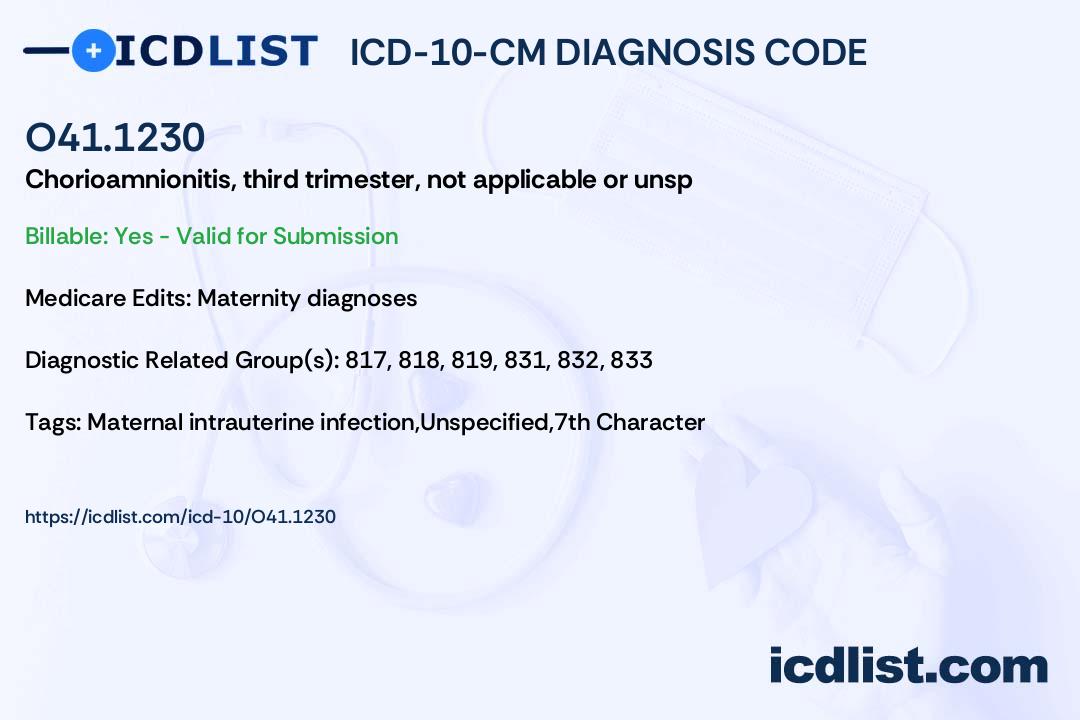 ICD-10-CM Diagnosis Code O41.1230 - Chorioamnionitis, third trimester ...